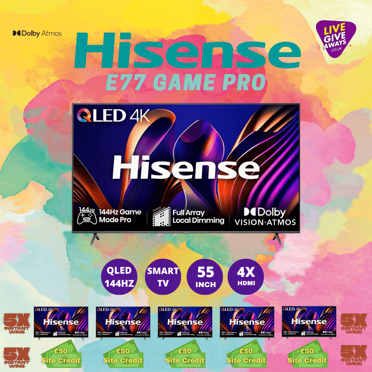📺 Hisense 55″ E77 GAME PRO 144Hz QLED 4K Dolby Atmos TV + 10 Lucky ...
